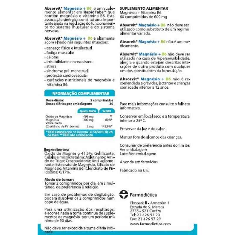 Absorvit Magnésio + B6 Comp 60 - Nossa Farmácia - A sua farmácia online ...